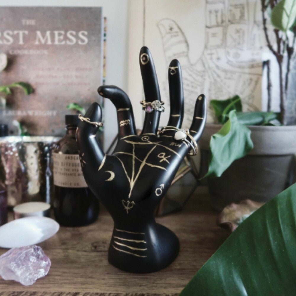 Palmistry Hand Ring Holder | Black and Gold Symbols | Stars Celestial ...