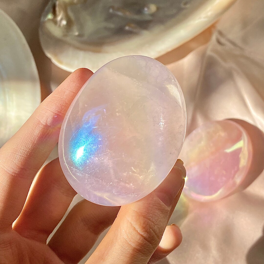 Angel Aura Rose Quartz Palm Stone Crystal | Pink Gold Blue Green ...