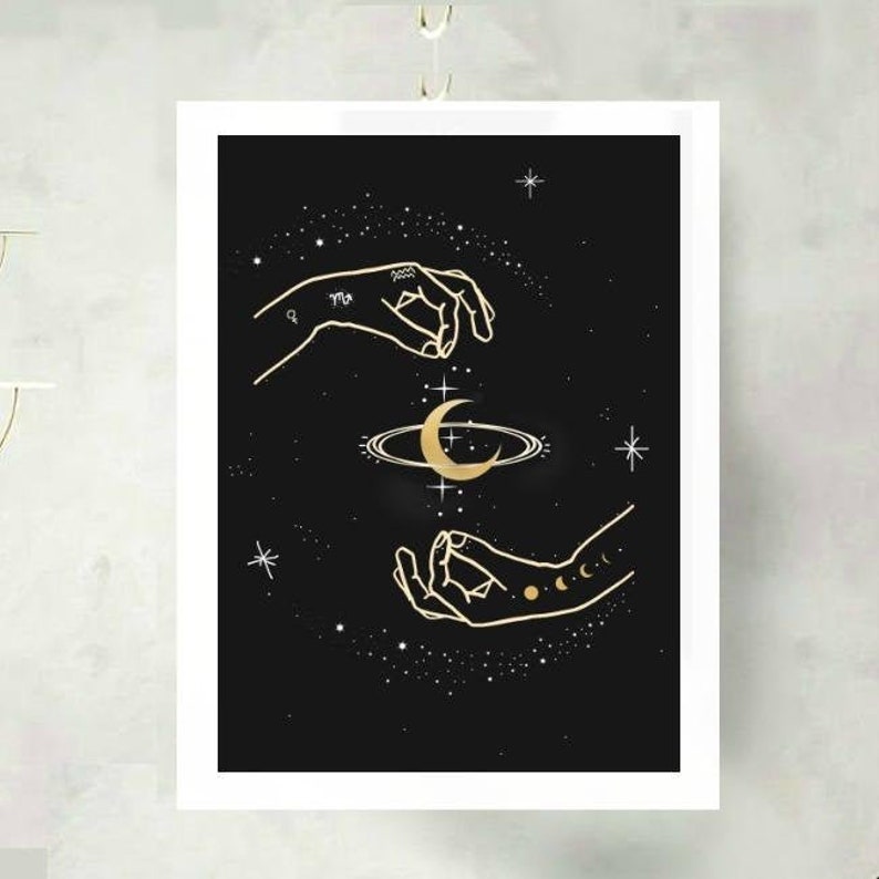 Celestial Hands Art Print | Gold Moon Phases, Stars Artwork - Etsy