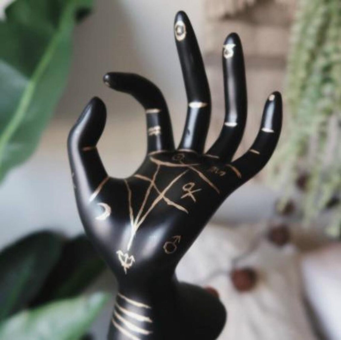 Palmistry Hand Ring Holder | Black and Gold Symbols | Stars Celestial ...