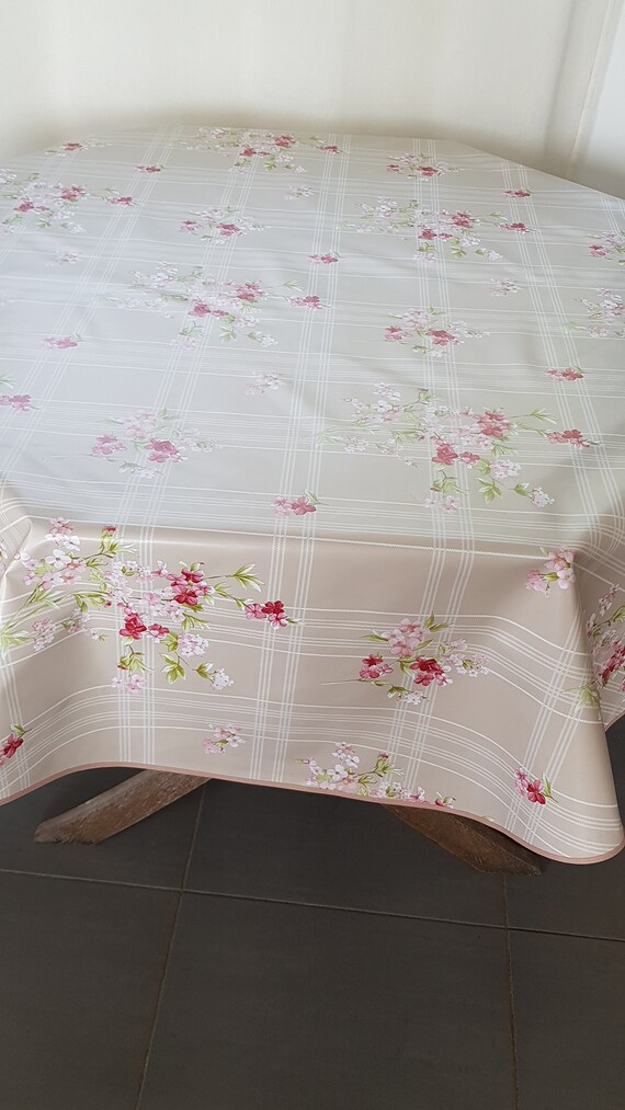 Toile cirée ronde 155 cm de large fleurie rose et beige. - Etsy France