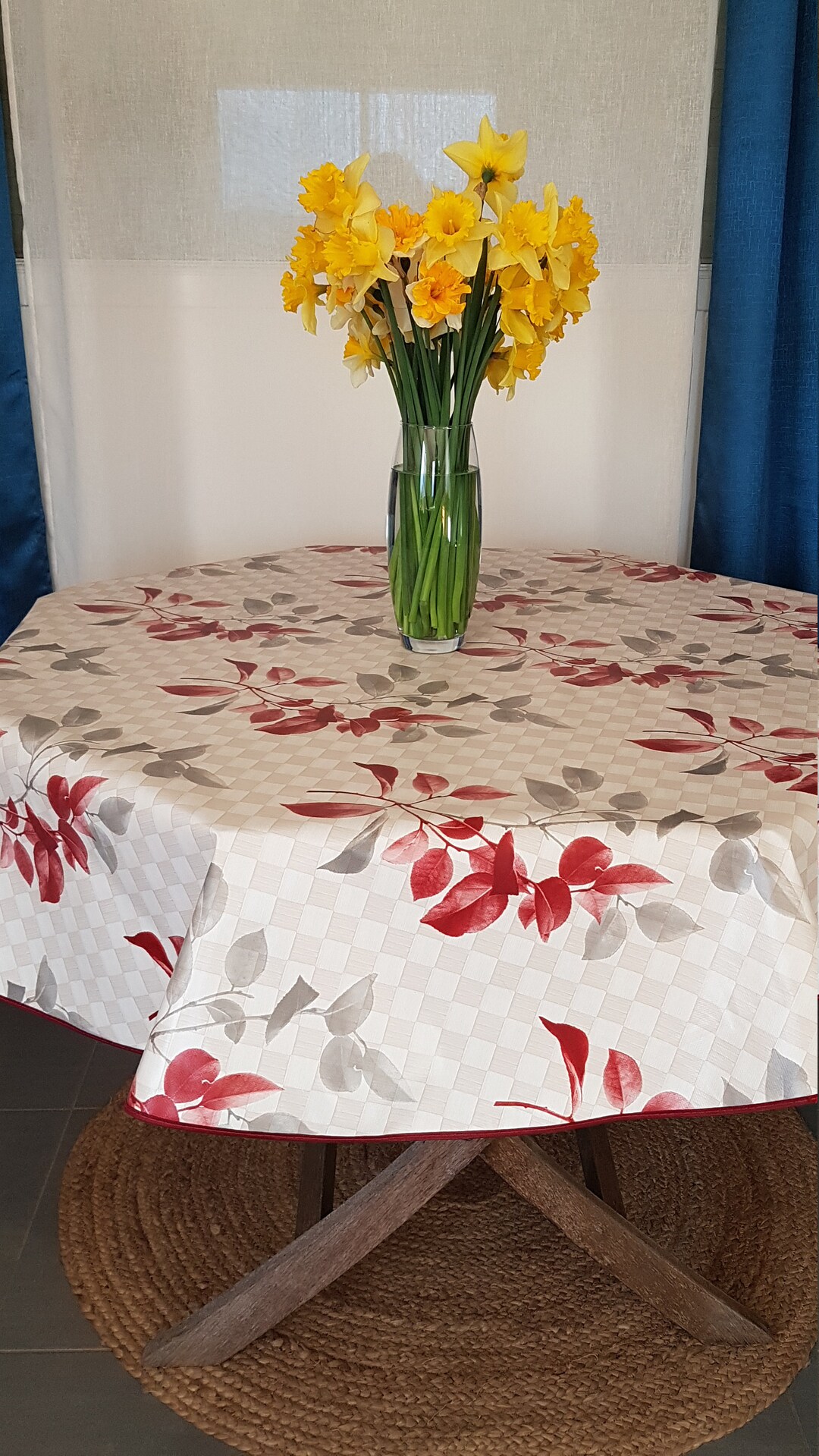 Round Oilcloth 155cm Wide With Red Leaves. - Etsy