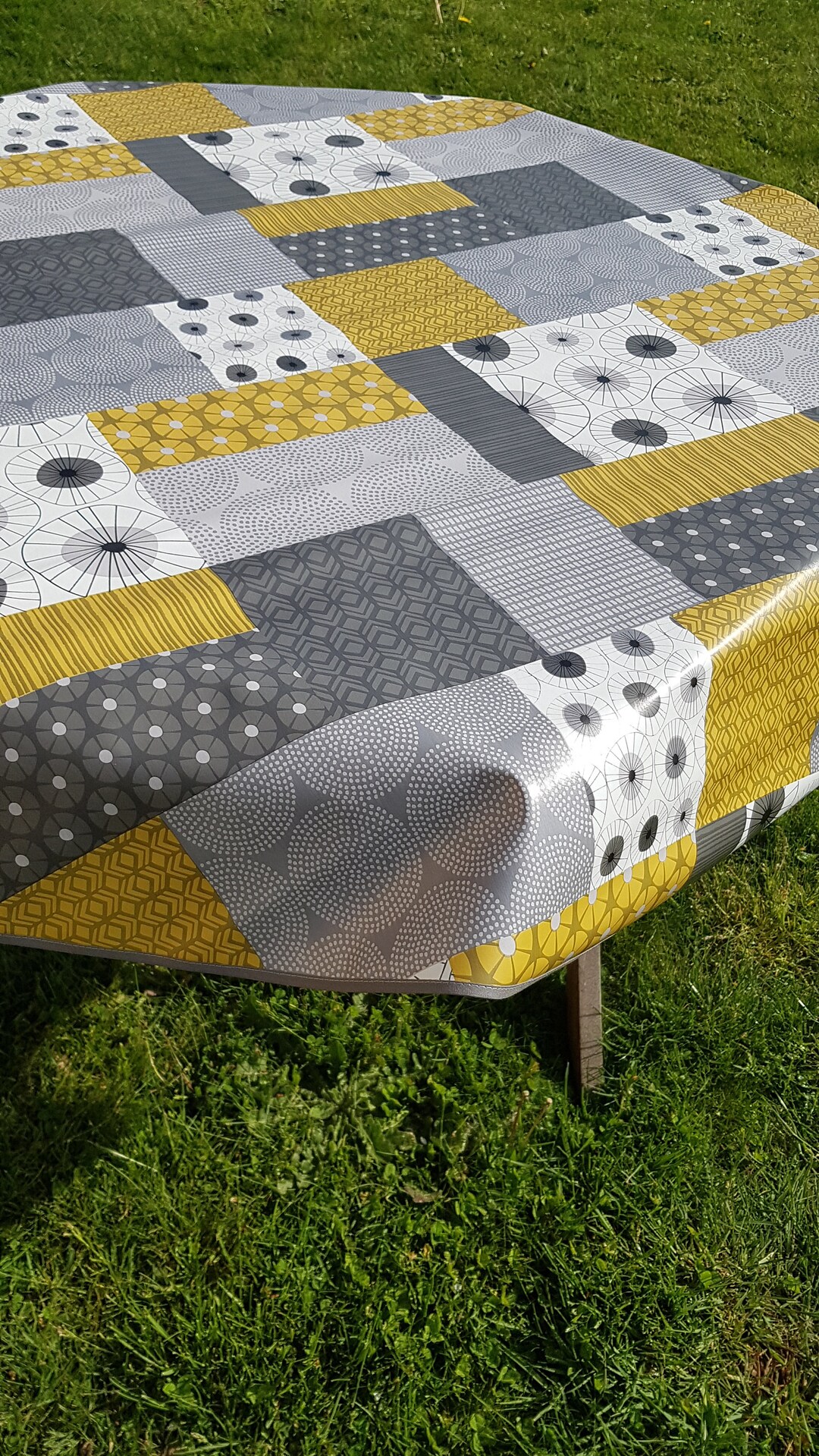 Round Oilcloth 150cm Wide Modern Gray and Mustard. - Etsy