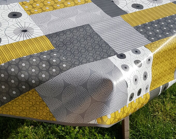 150cm Wide Modern Grey and Mustard Round Oilcloth. - Etsy