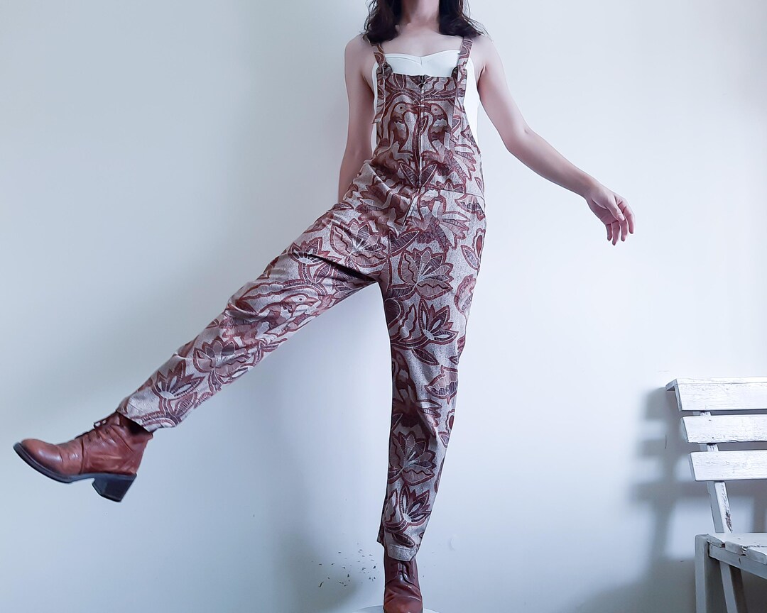 TITICACA Brown Overalls Bird Animal Floral Cotton Overalls Hippie Boho ...