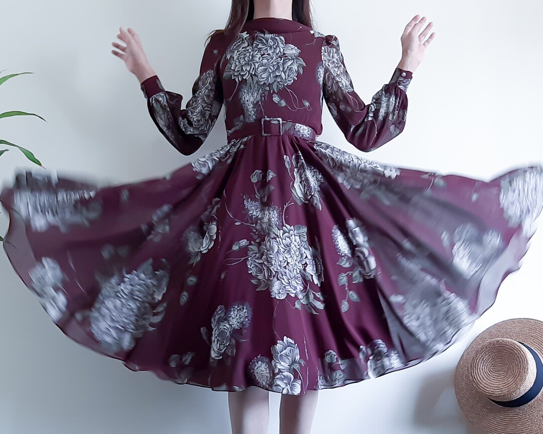 Cottagecore 70s 80s Purple Floral Dress Botanical Chiffon Dress With ...