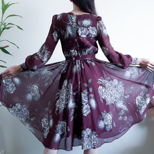 Cottagecore 70s 80s Purple Floral Dress Botanical Chiffon Dress With ...