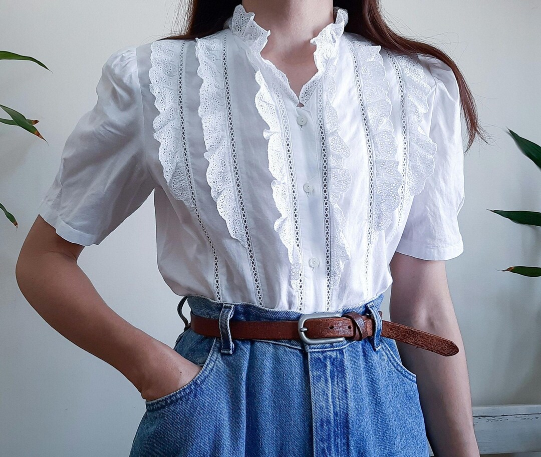 Vintage White Cotton Ruffle Blouse Puff Sleeve Top Eyelet Lace Ruffle ...