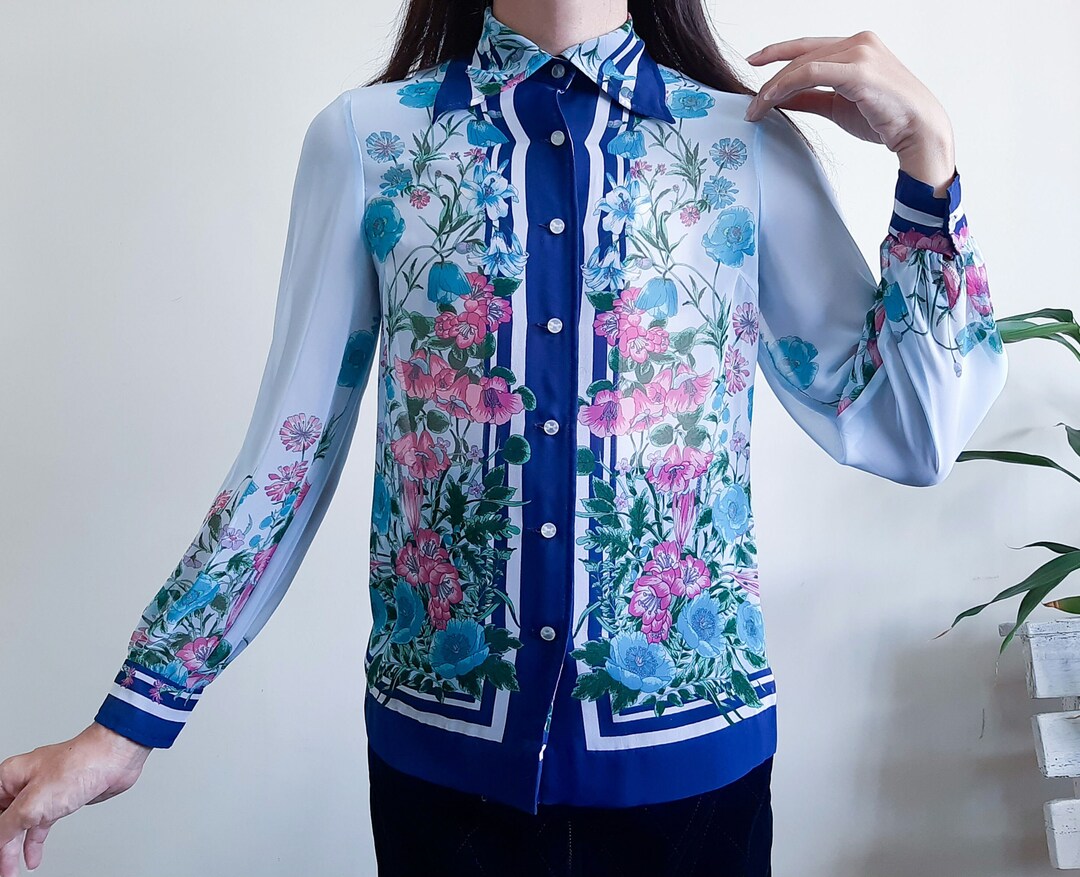 70s 80s Blue Pink Floral Sheer Blouse Scarf Print Blouse Chiffon Shirt ...