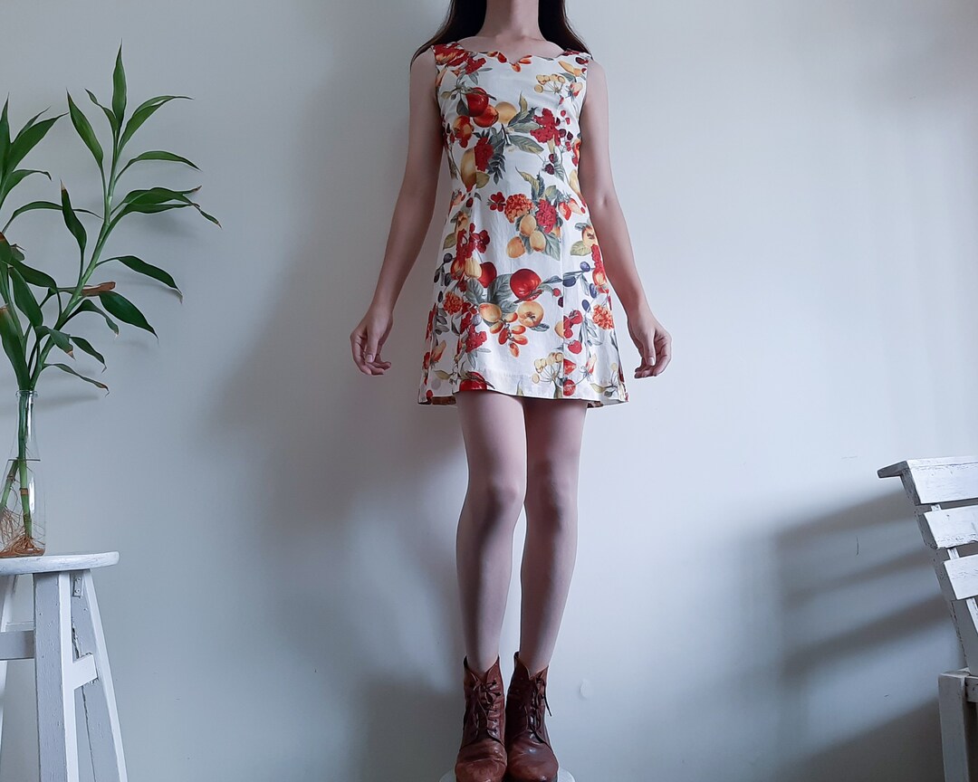 Vintage Fruit Print Cotton Dress Cream Mini Dress Sleeveless Apple ...