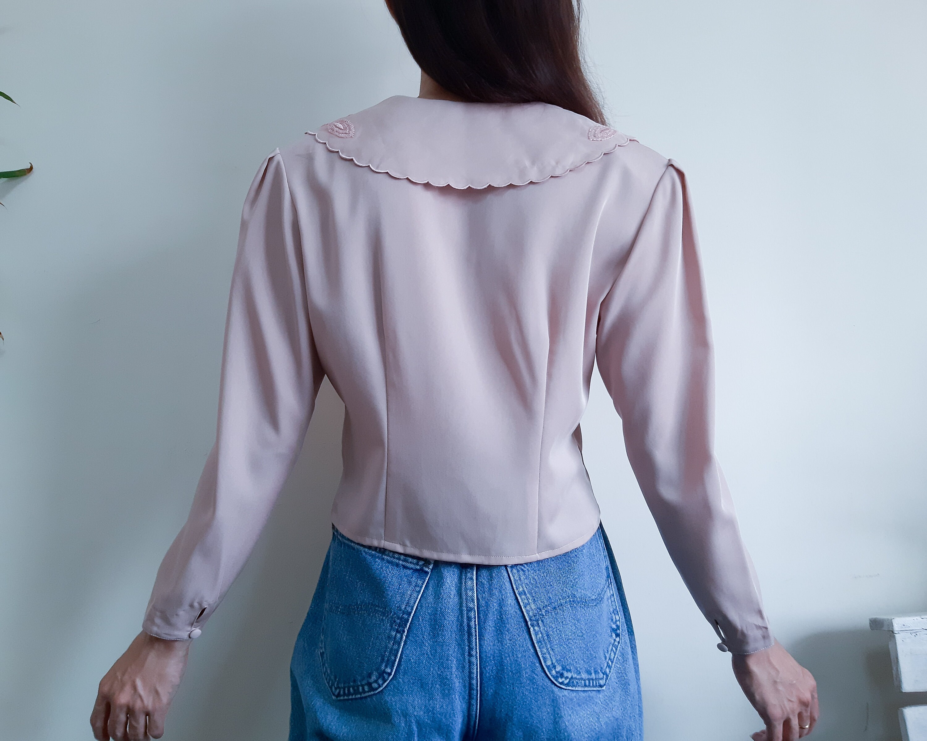 Vintage Pink Puff Sleeve Blouse Embroidered Collar Blouse Button up ...