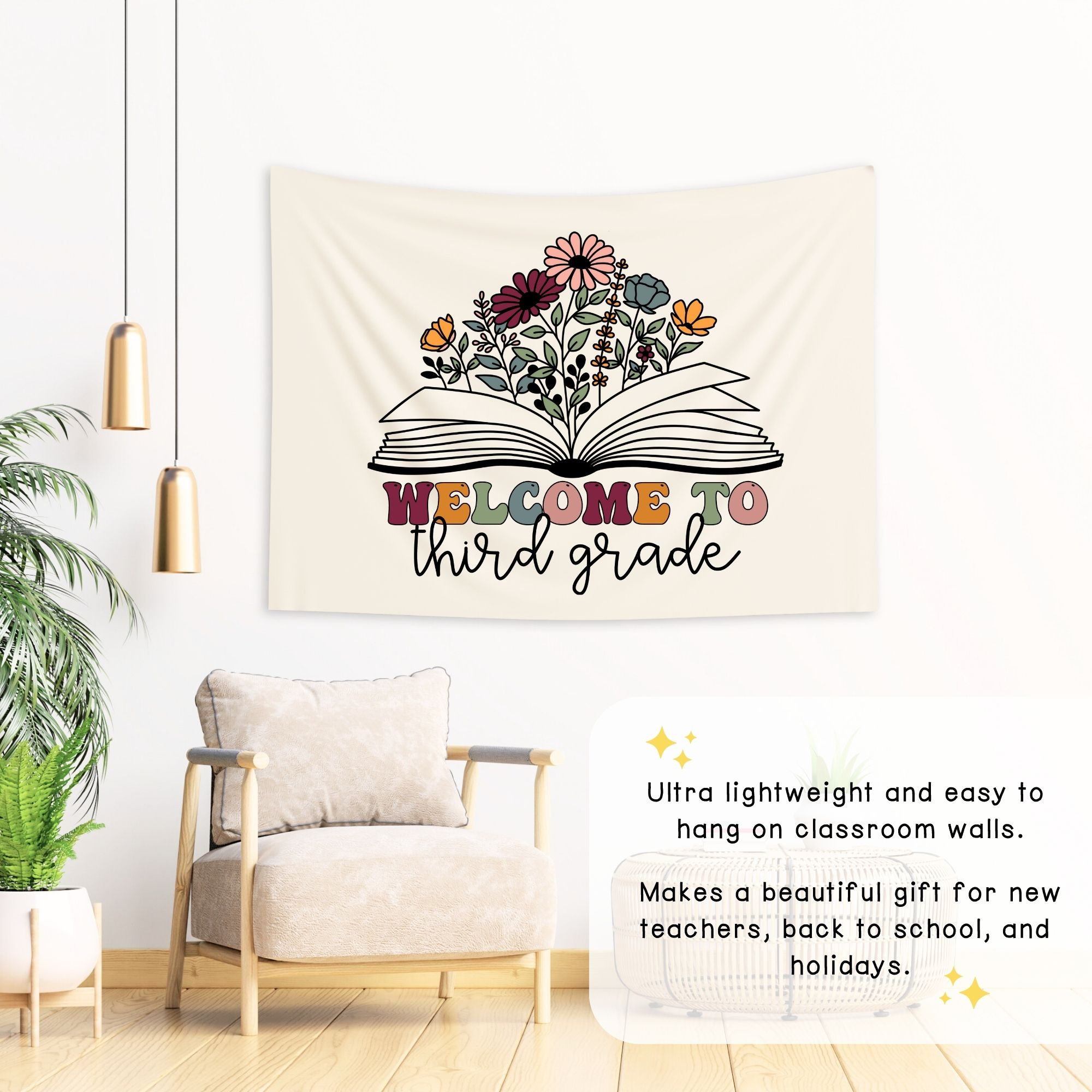 Welcome to 3rd Grade Classroom Wall Decor, Boho Wildflowers Tapestry ...