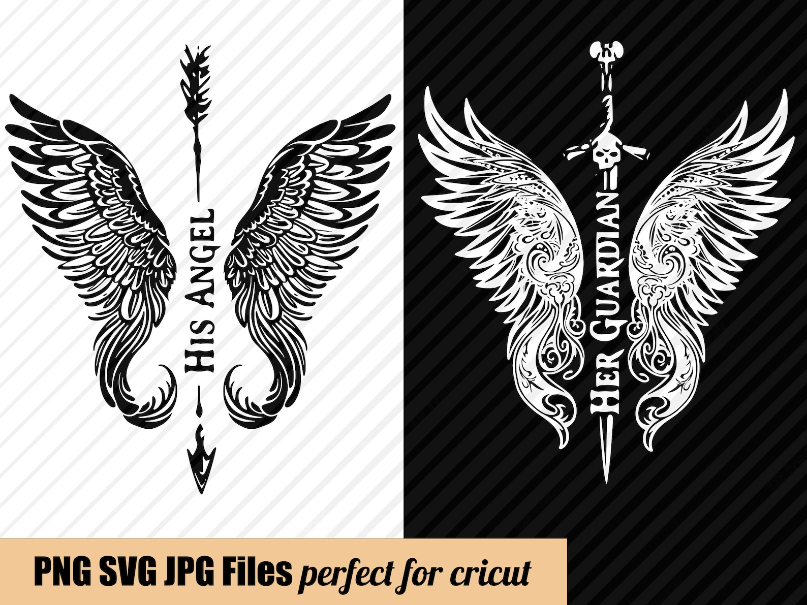 Couple Matching Hoodies Svg Download His Angel Her Guardian Black White ...