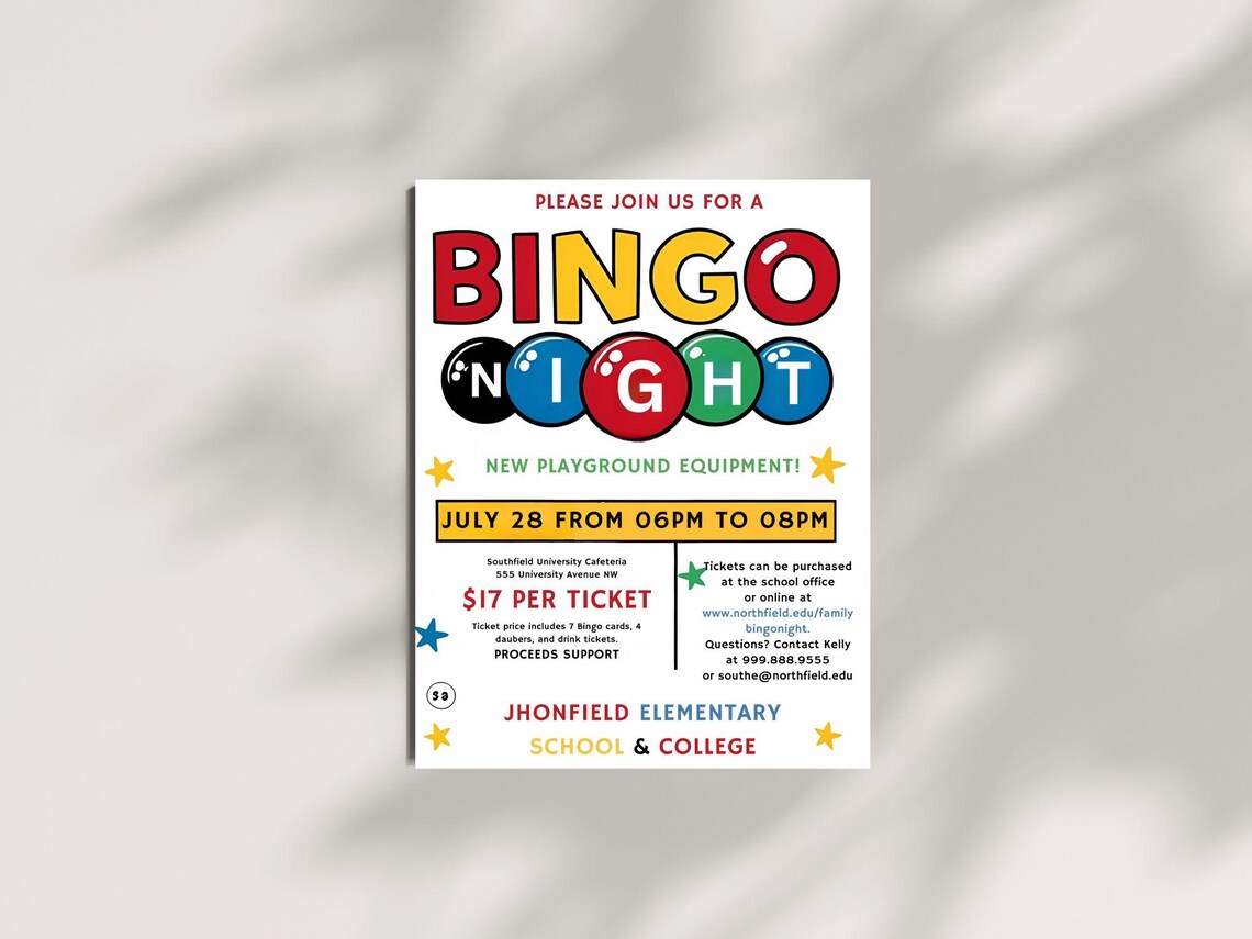 Editable Bingo Night Flyer Template: School Fundraiser Invite (8.5" X ...