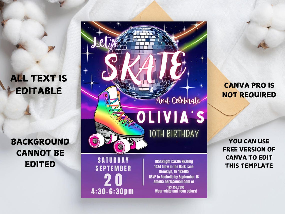 Skate Party Birthday Invitation, Party Invitation, Girl, Boy, Roller ...