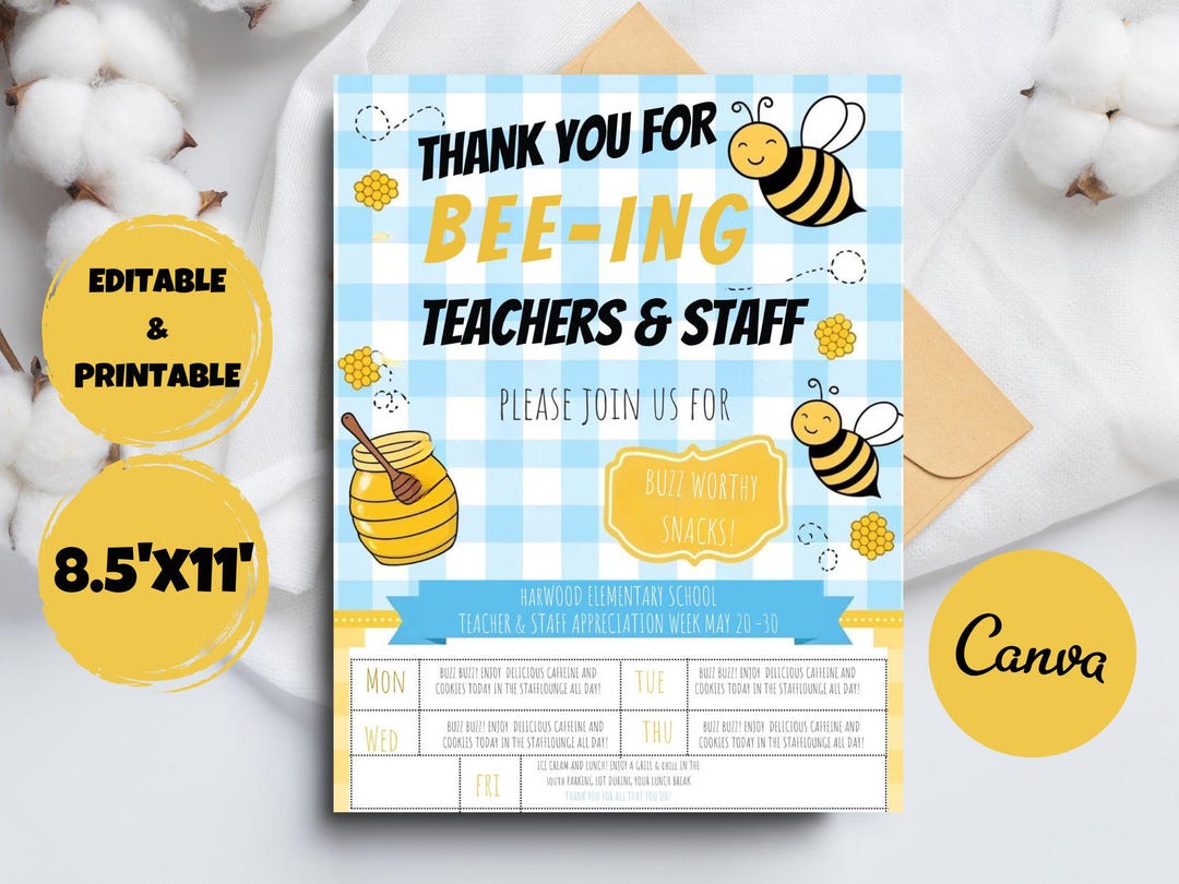 Printable Editable Bumble Bee Theme Teacher and Staff Appreciation ...