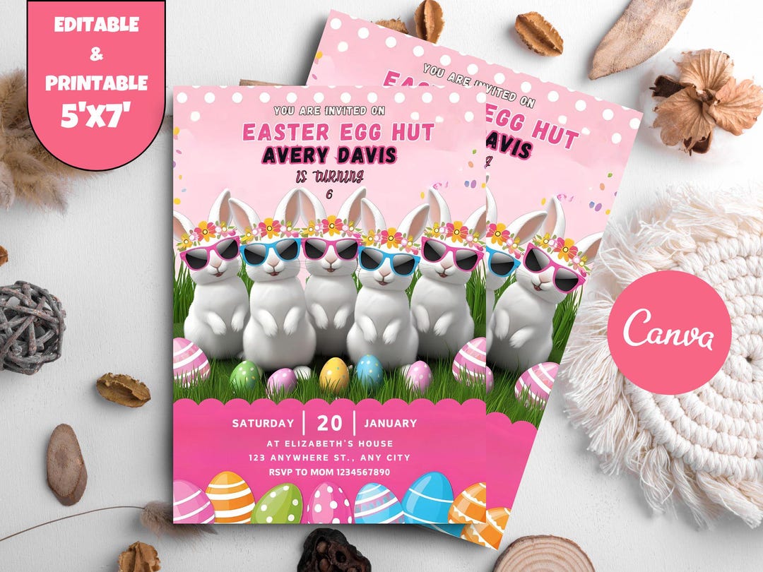 Editable Easter Birthday Invitation Adorable Pink Bunny Birthday Invite ...