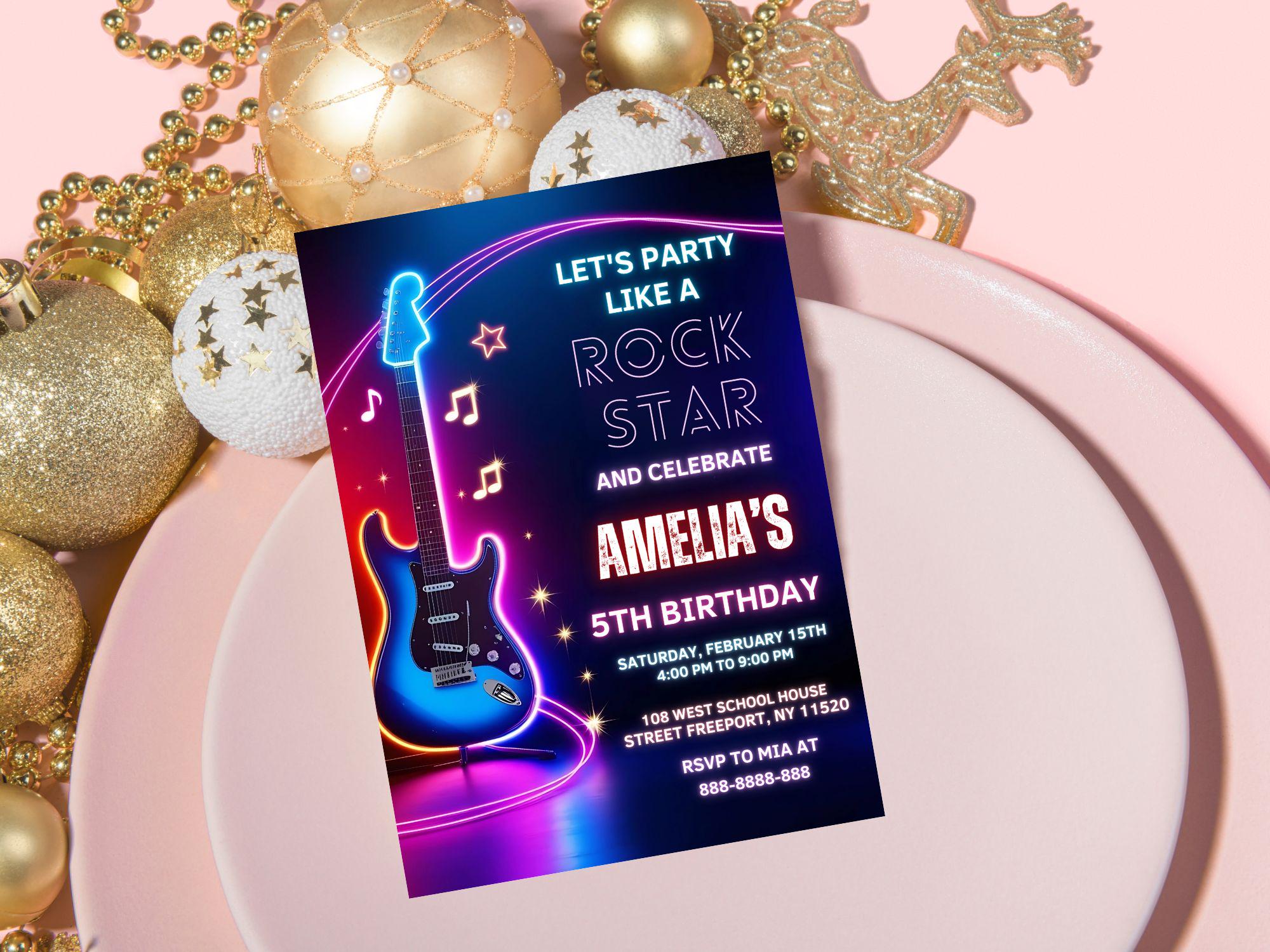 Editable Rock Star Birthday Party Invitation Template Neon Boys Party ...