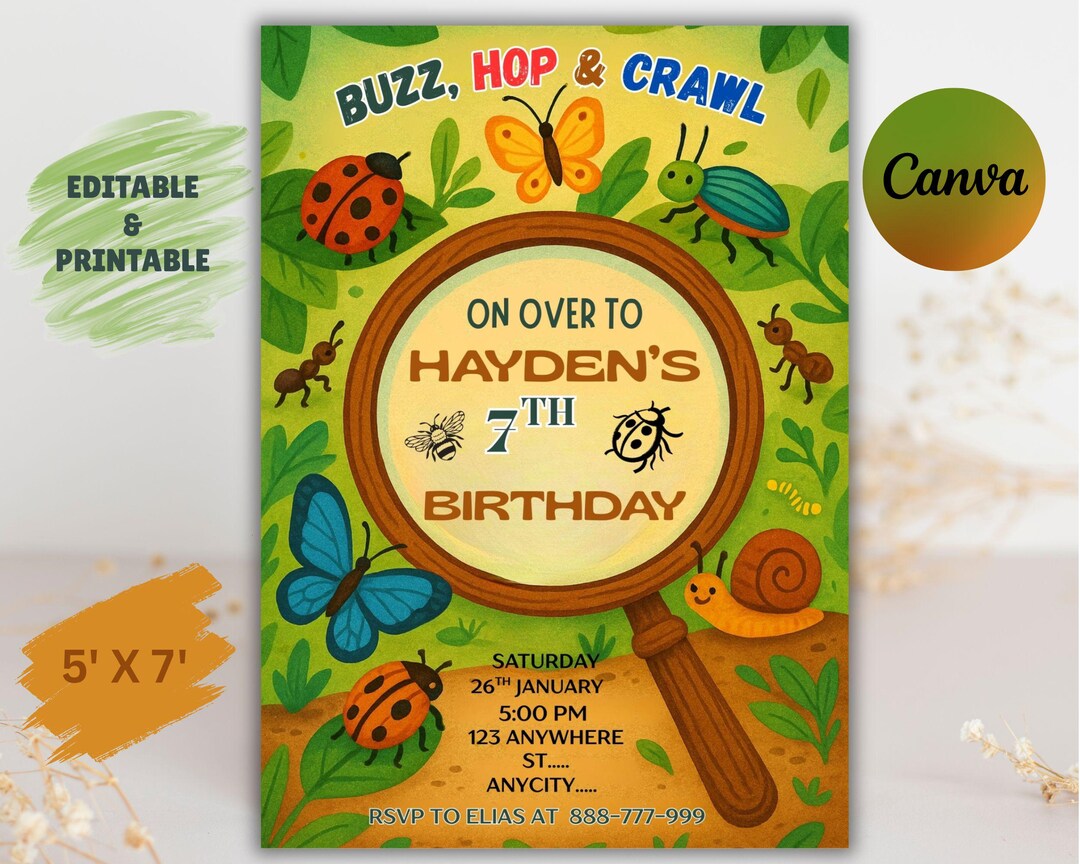 Insect Birthday Invitation, Buzz Hop Crawl, Nature Theme (editable ...