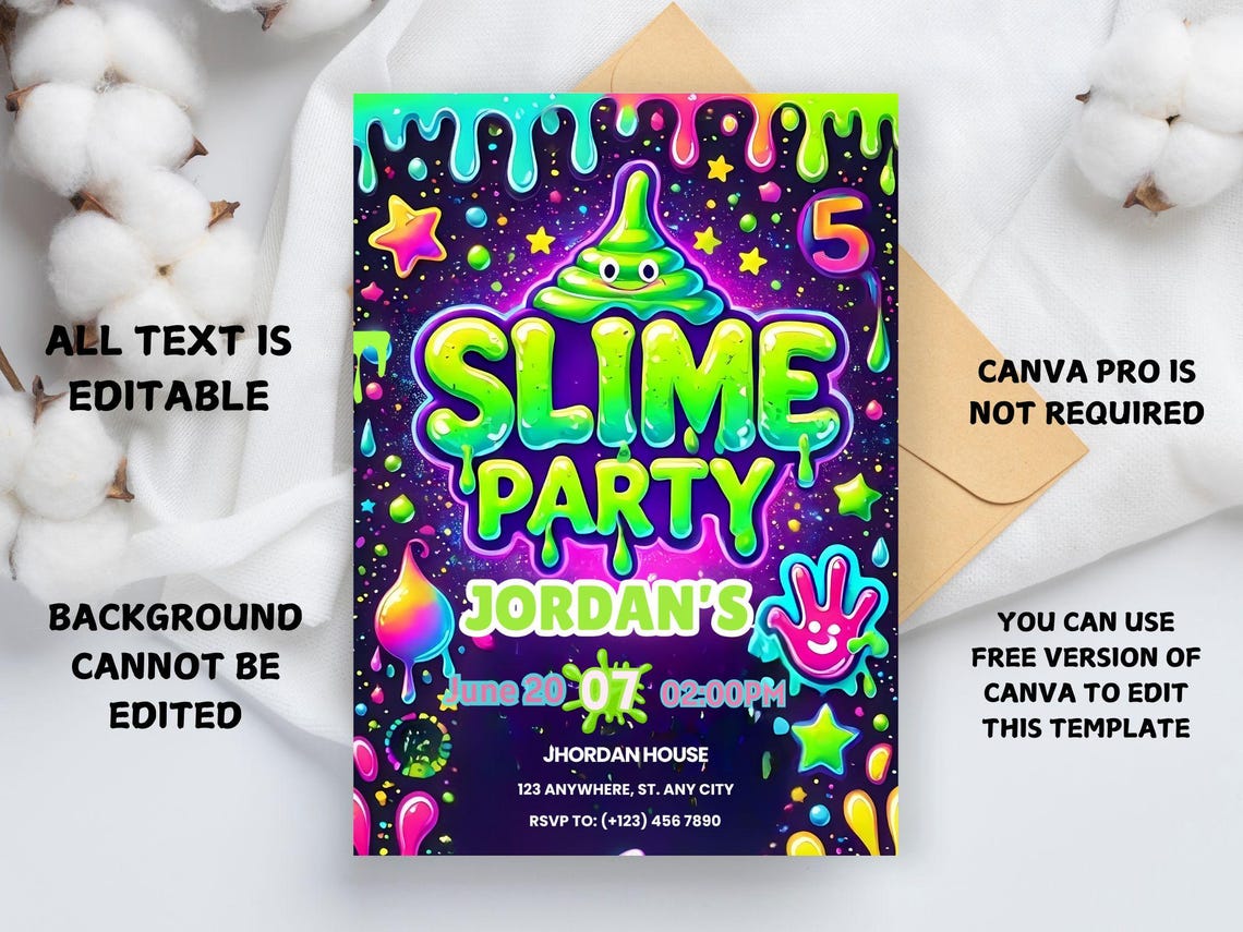 Slime Party Birthday Invitation: Editable Canva Template (5x7") - Etsy