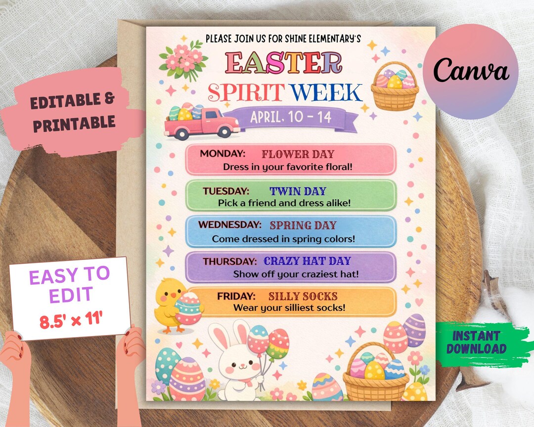 Easter Spirit Week Flyer | School, Office Theme Days (editable Canva ...