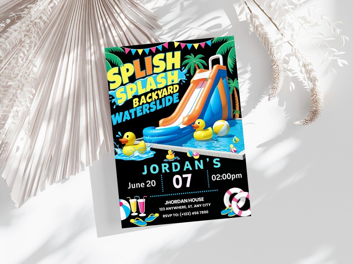 Waterslide Birthday Invitation, Boy or Girl Splash Party Invite, Summer ...