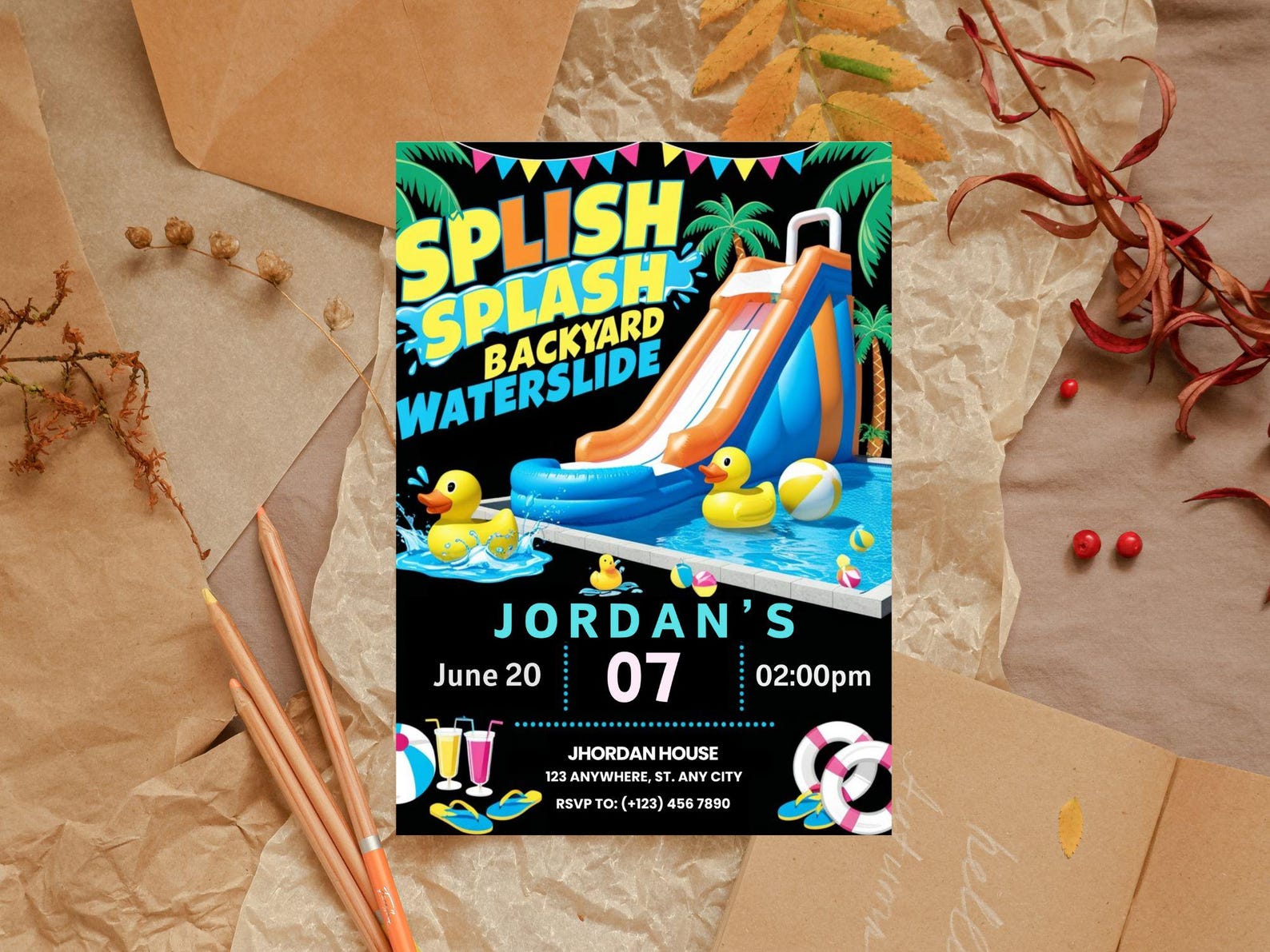Waterslide Birthday Invitation, Boy or Girl Splash Party Invite, Summer ...
