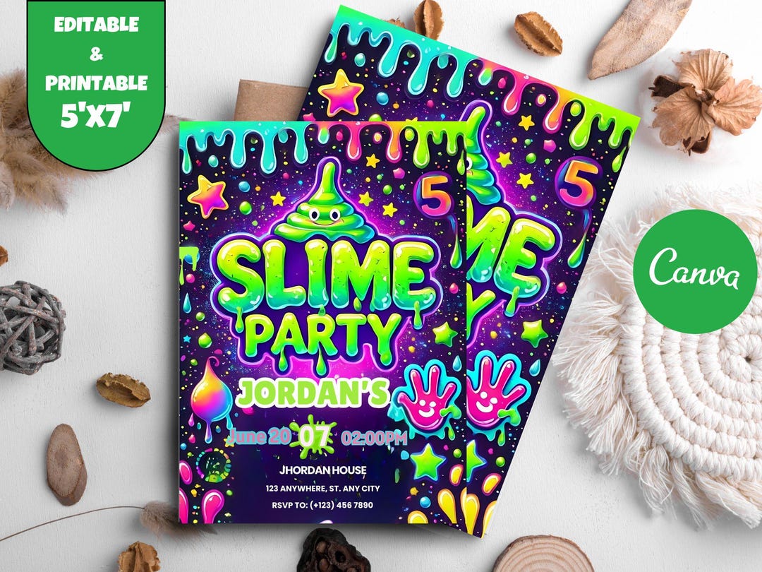 Slime Party Birthday Invitation: Editable Canva Template (5x7") - Etsy