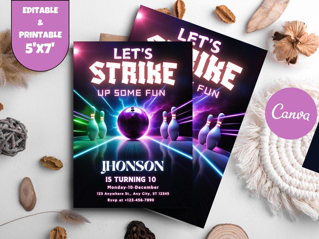 Editable Bowling Party Invitation Template, Neon Glow Bowling Birthday ...