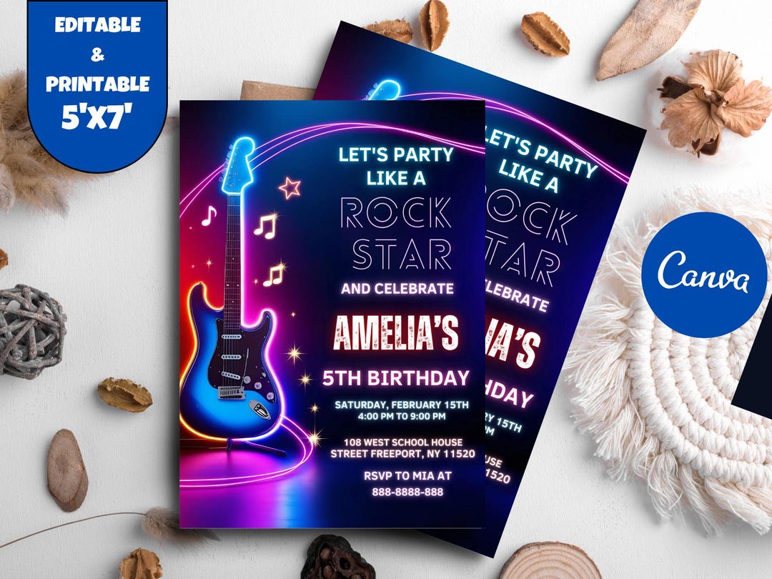 Editable Rock Star Birthday Party Invitation Template Neon Boys Party ...