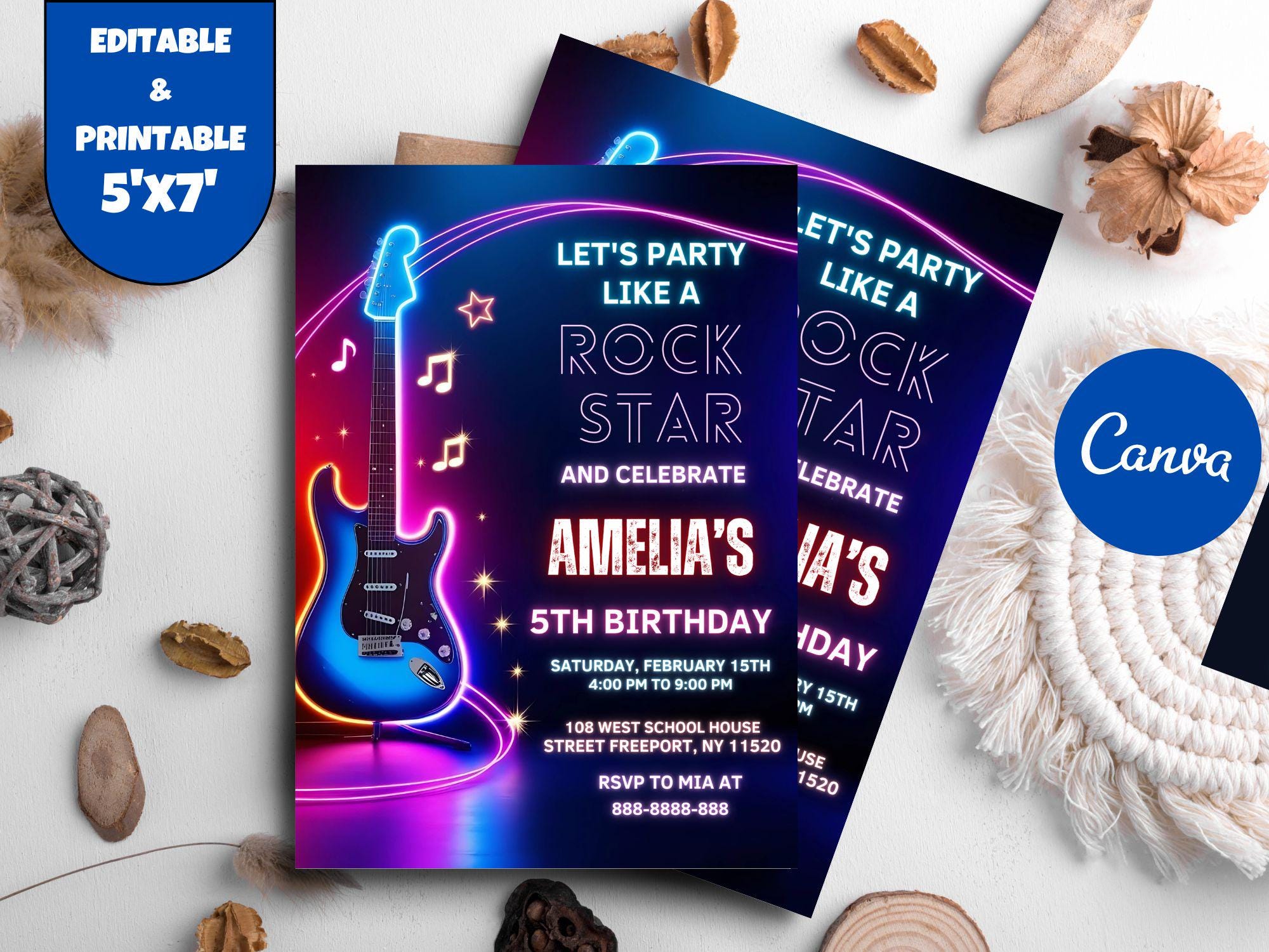 Editable Rock Star Birthday Party Invitation Template Neon Boys Party ...
