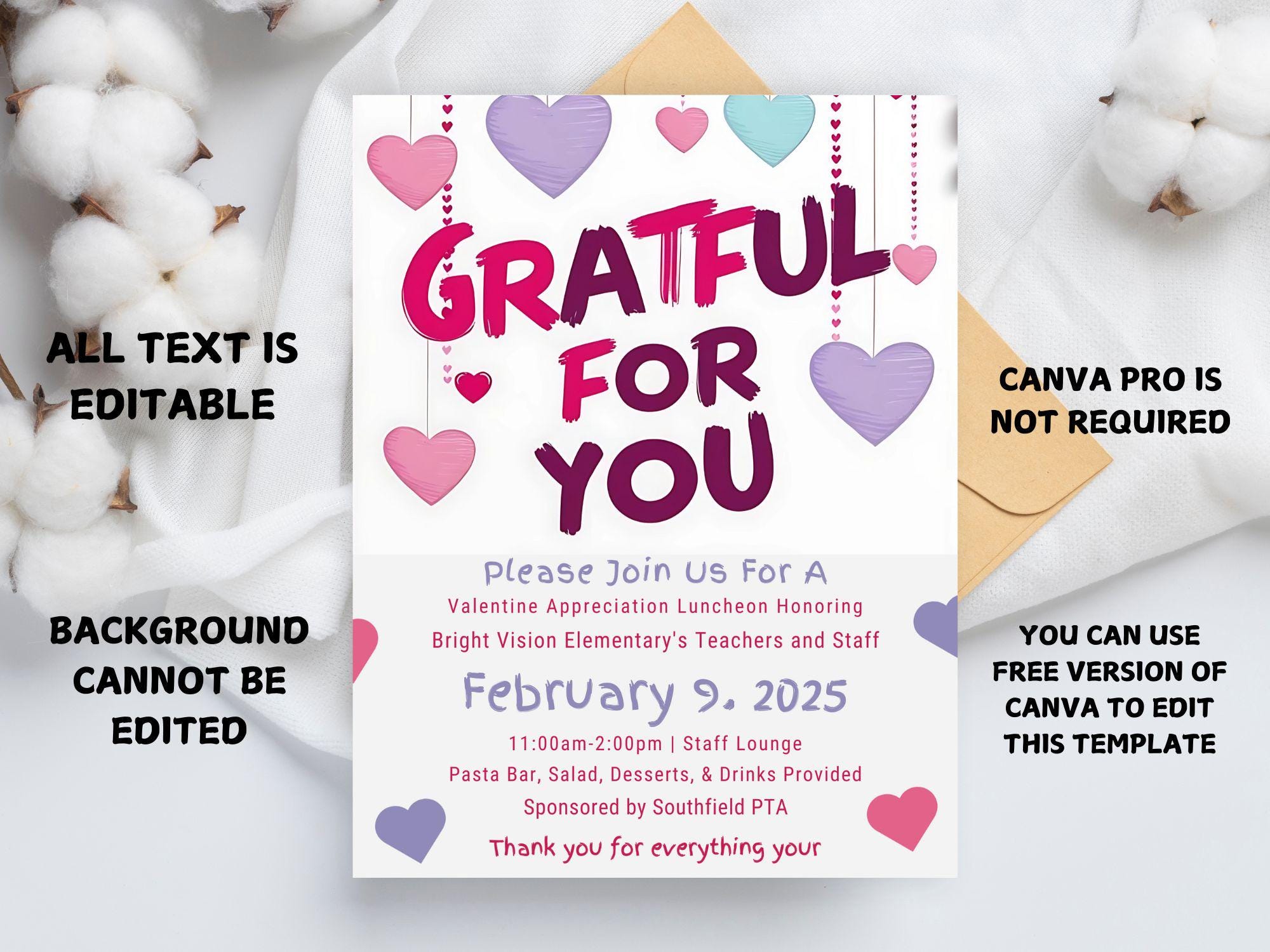 Editable Valentines Appreciation Flyer, Teacher Luncheon Invite, Canva ...