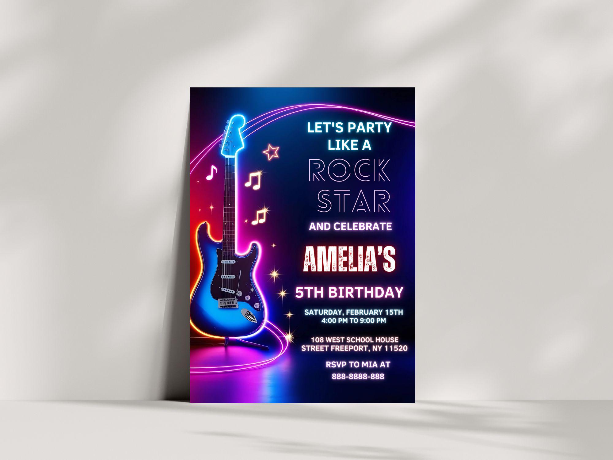 Editable Rock Star Birthday Party Invitation Template Neon Boys Party ...