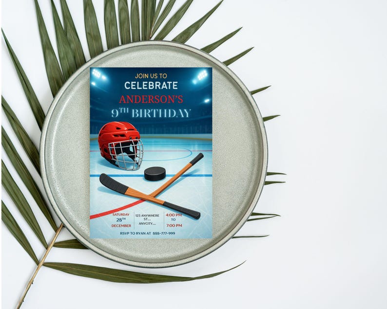 Ice Hockey Birthday Invitation: Sport Party Invite (5x7 Inches, Digital ...