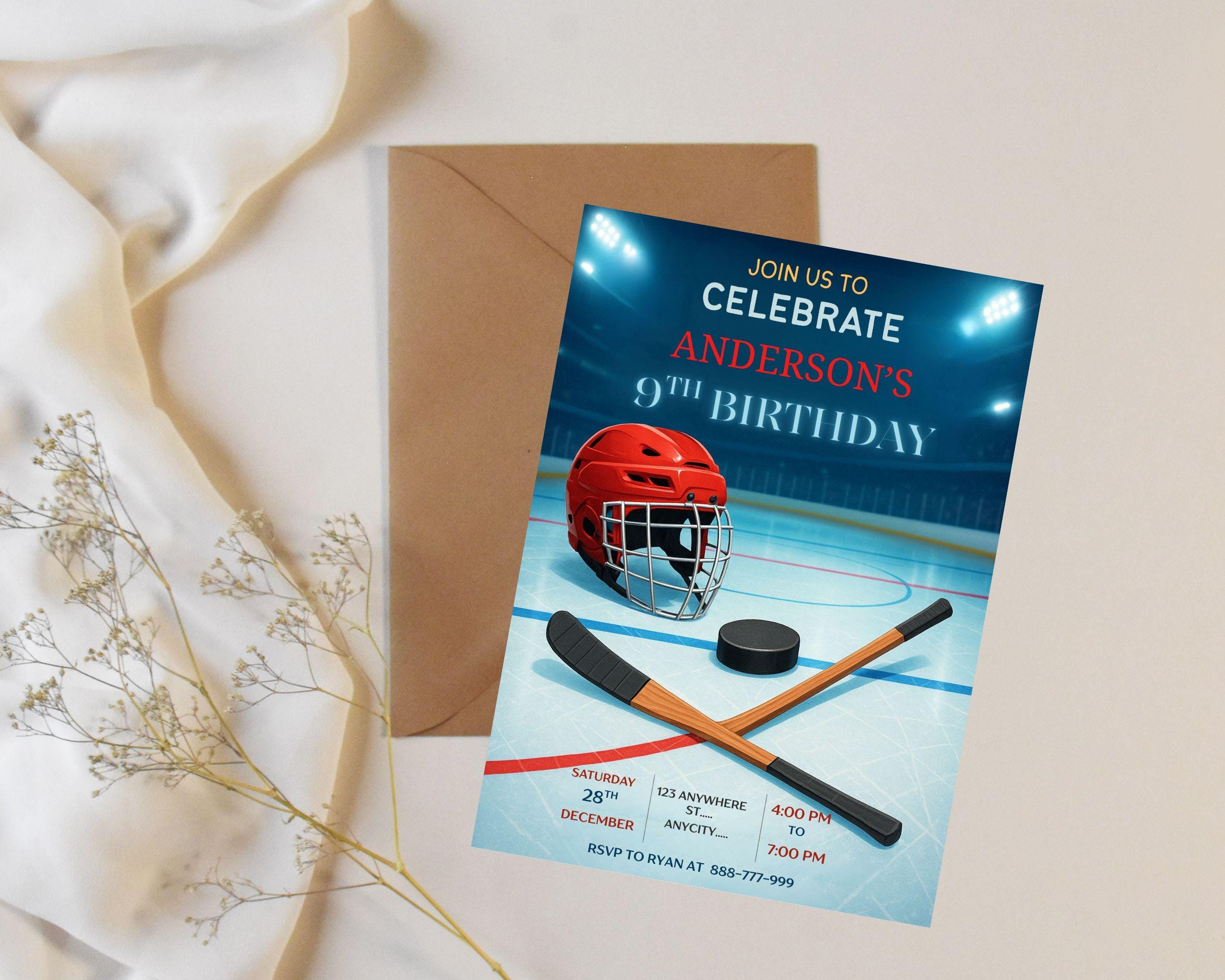 Ice Hockey Birthday Invitation: Sport Party Invite (5x7 Inches, Digital ...