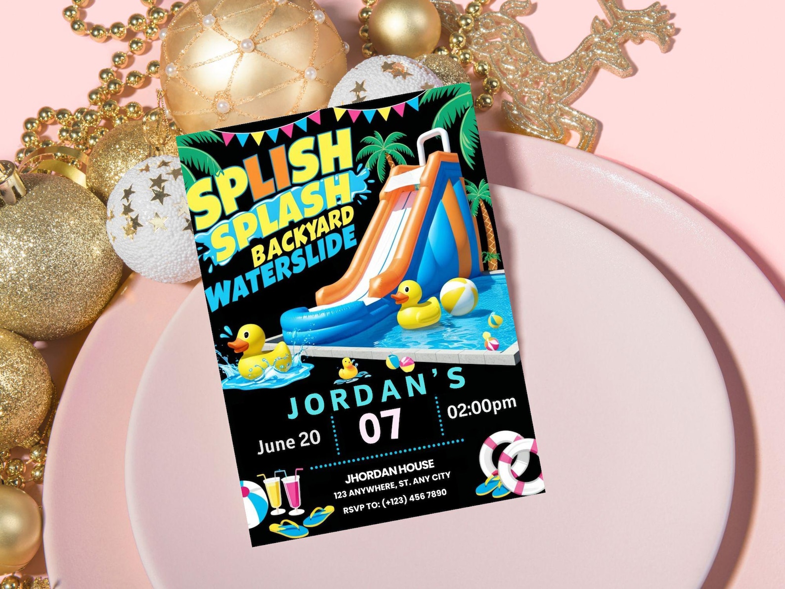 Waterslide Birthday Invitation, Boy or Girl Splash Party Invite, Summer ...