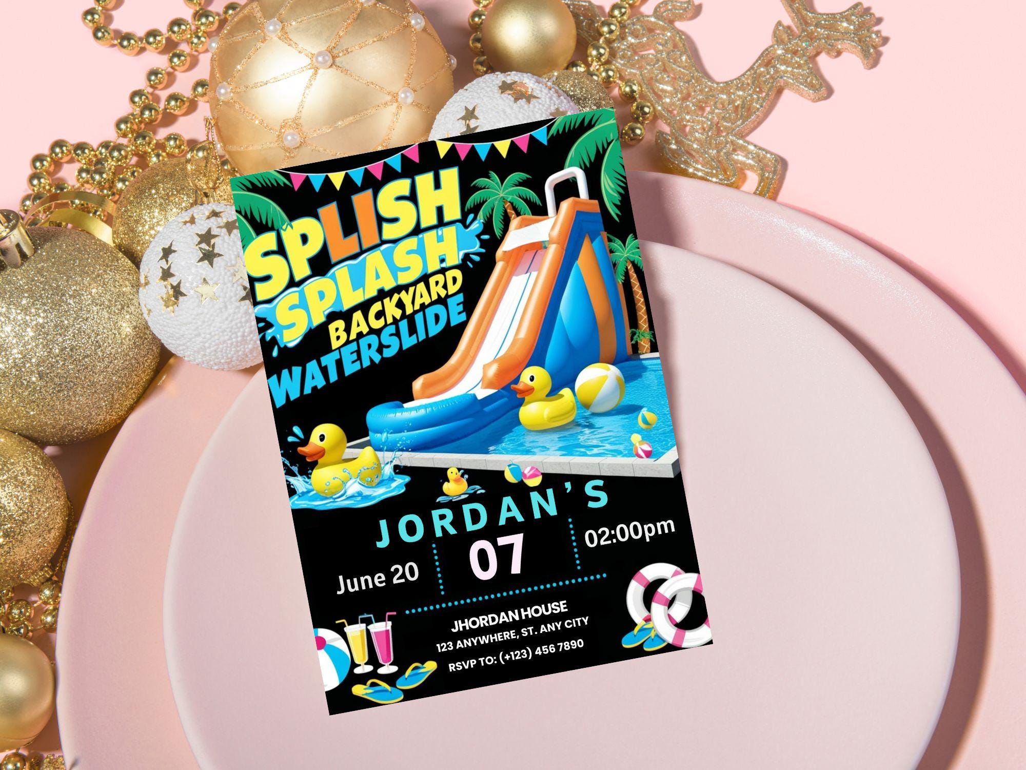 Waterslide Birthday Invitation, Boy or Girl Splash Party Invite, Summer ...