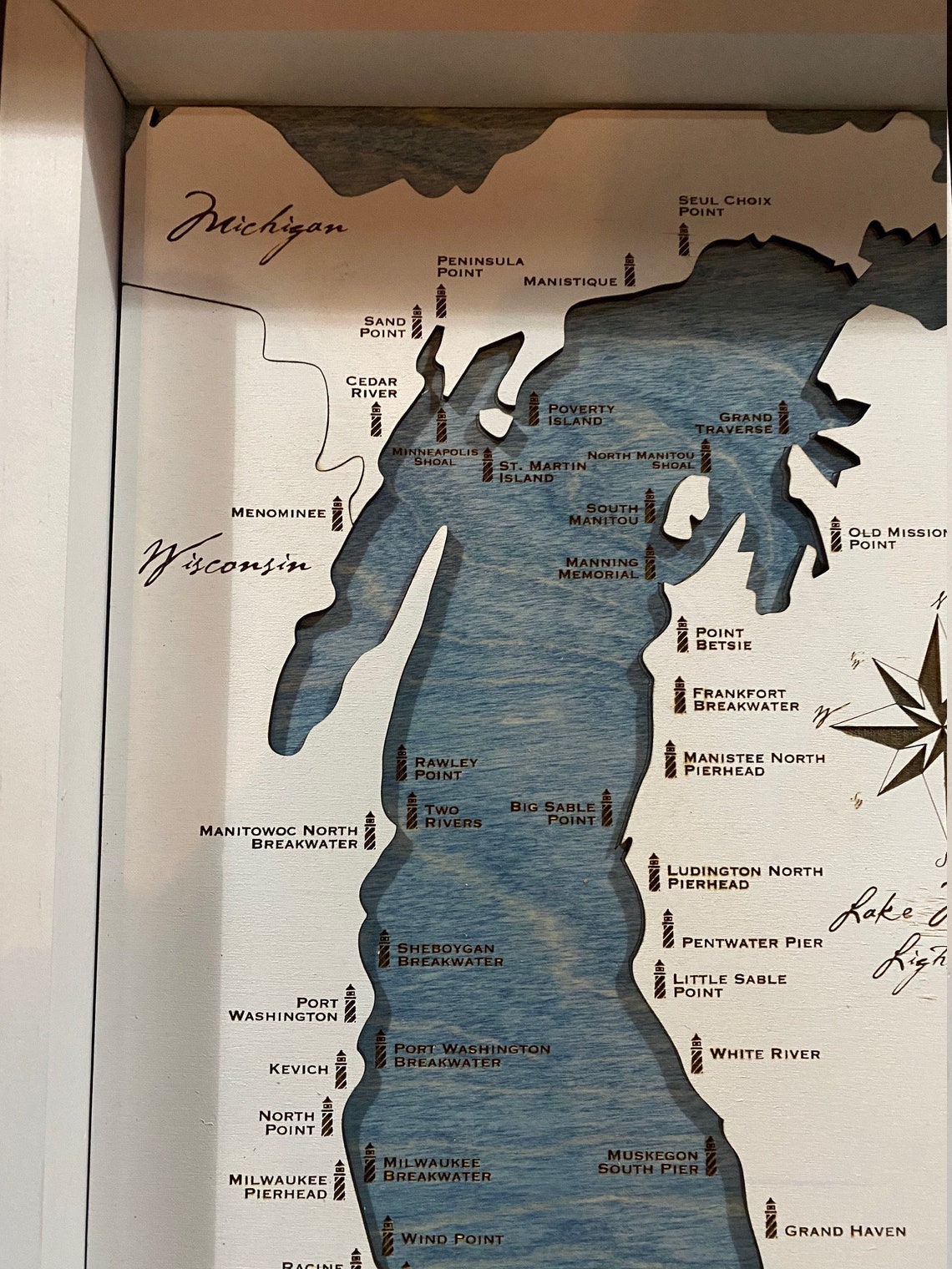 Handmade Lake Michigan Lighthouse Map - Etsy