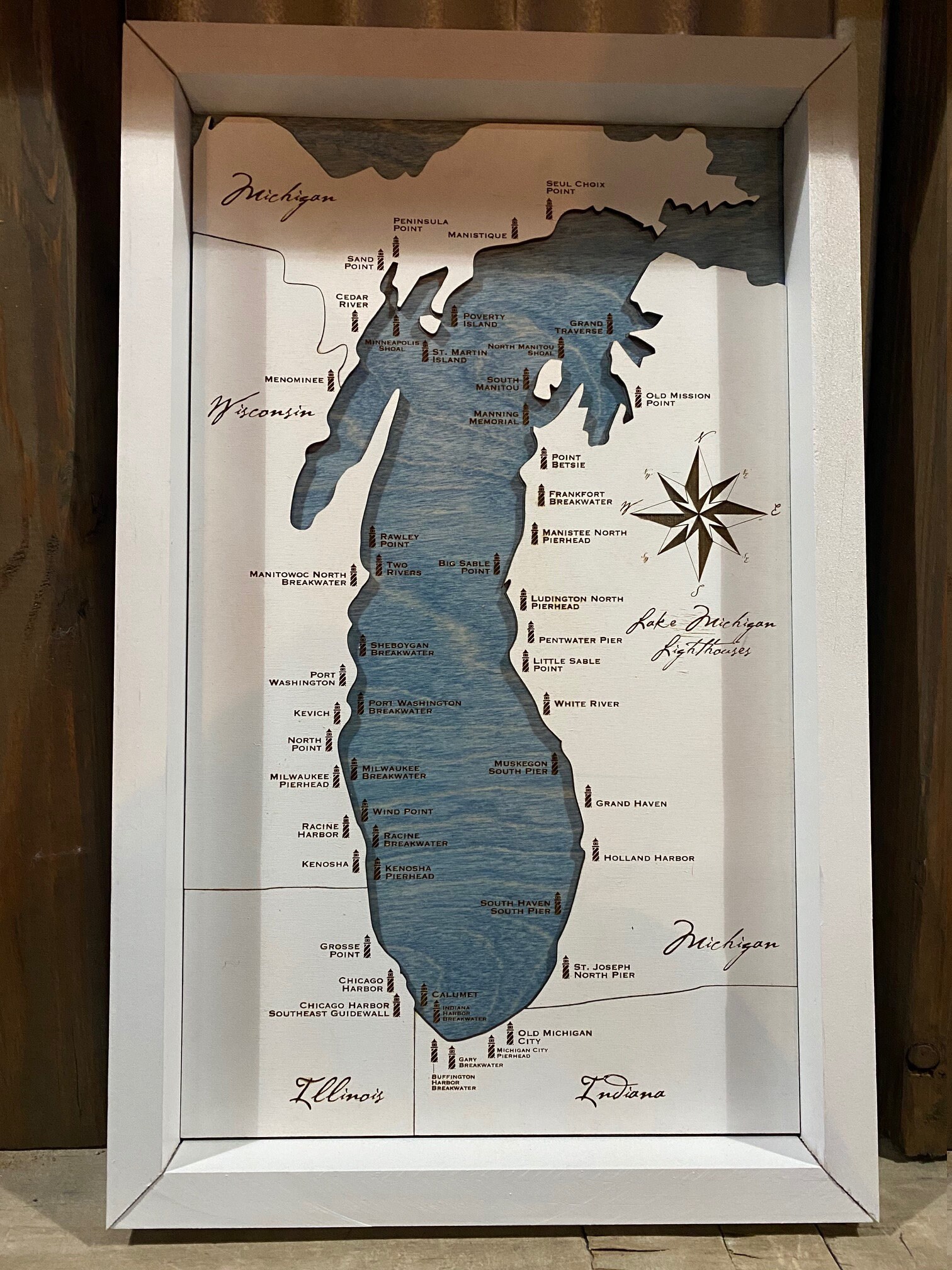Handmade Lake Michigan Lighthouse Map | Etsy