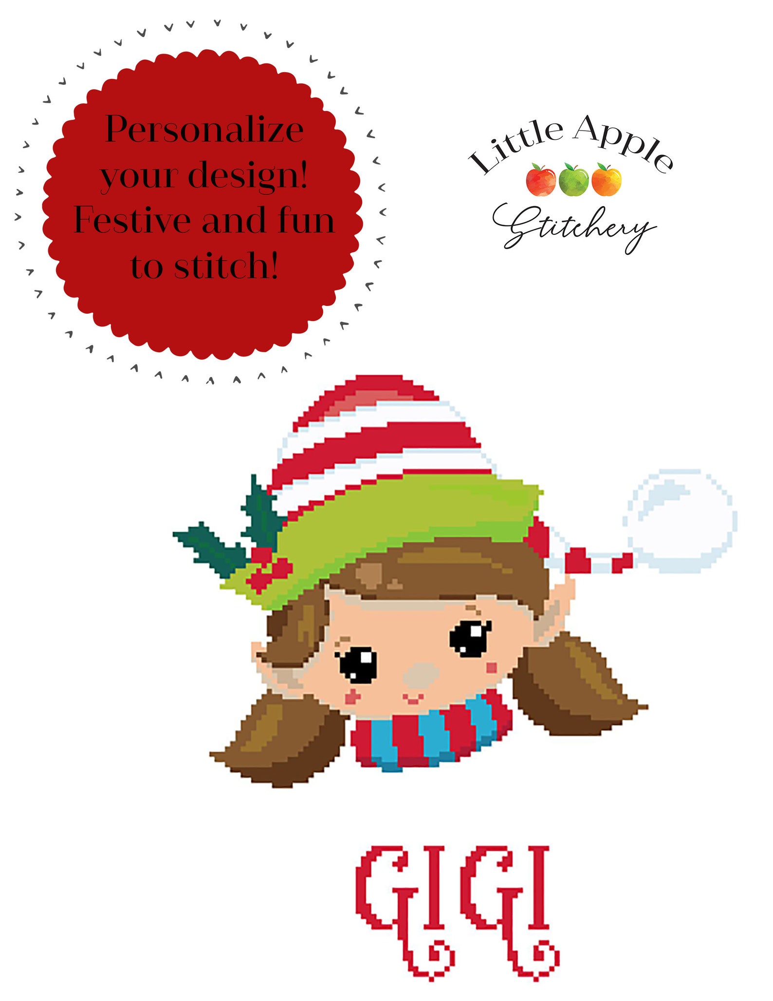 Girl Elf Cross Stitch Pattern PDF – Personalized Holiday Christmas ...