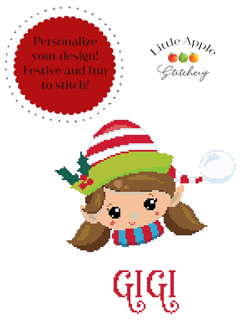 Girl Elf Cross Stitch Pattern PDF – Personalized Holiday Christmas ...