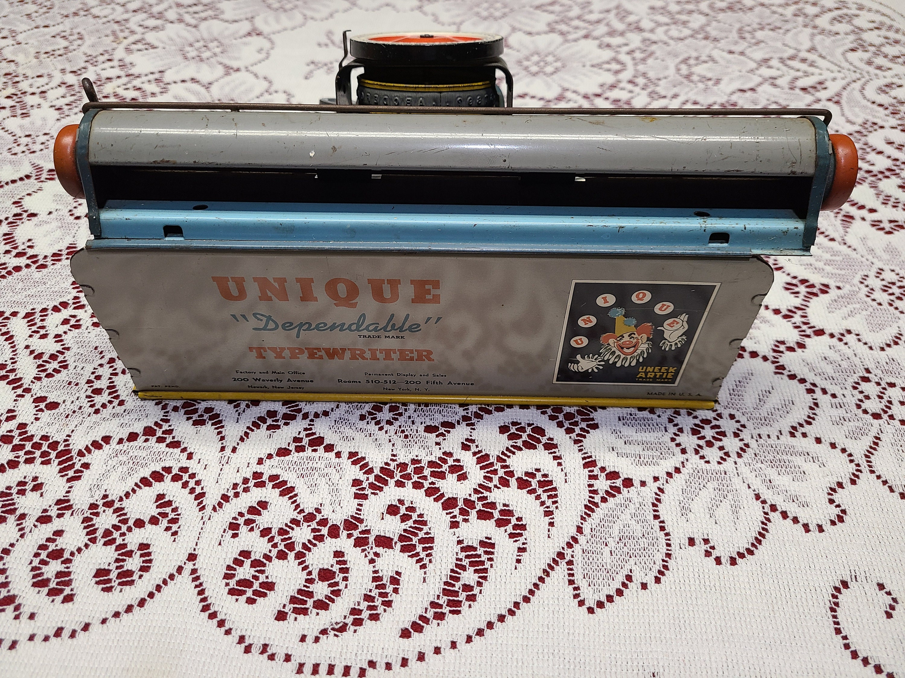 Vintage UNIQUE Tin Litho Toy Dial Typewriter dependable Uneek Artie ...