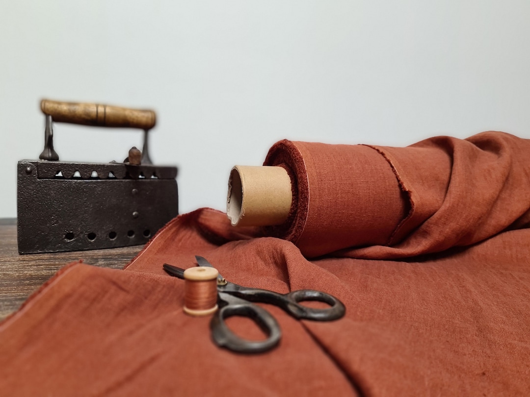 Rust Orange Linen Fabric, Brick Brown Linen Fabric by the Yard or Meter ...