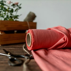 Linen Fabric Coral Pink, Washed Softened Flax Fabrics, Fabric by the ...
