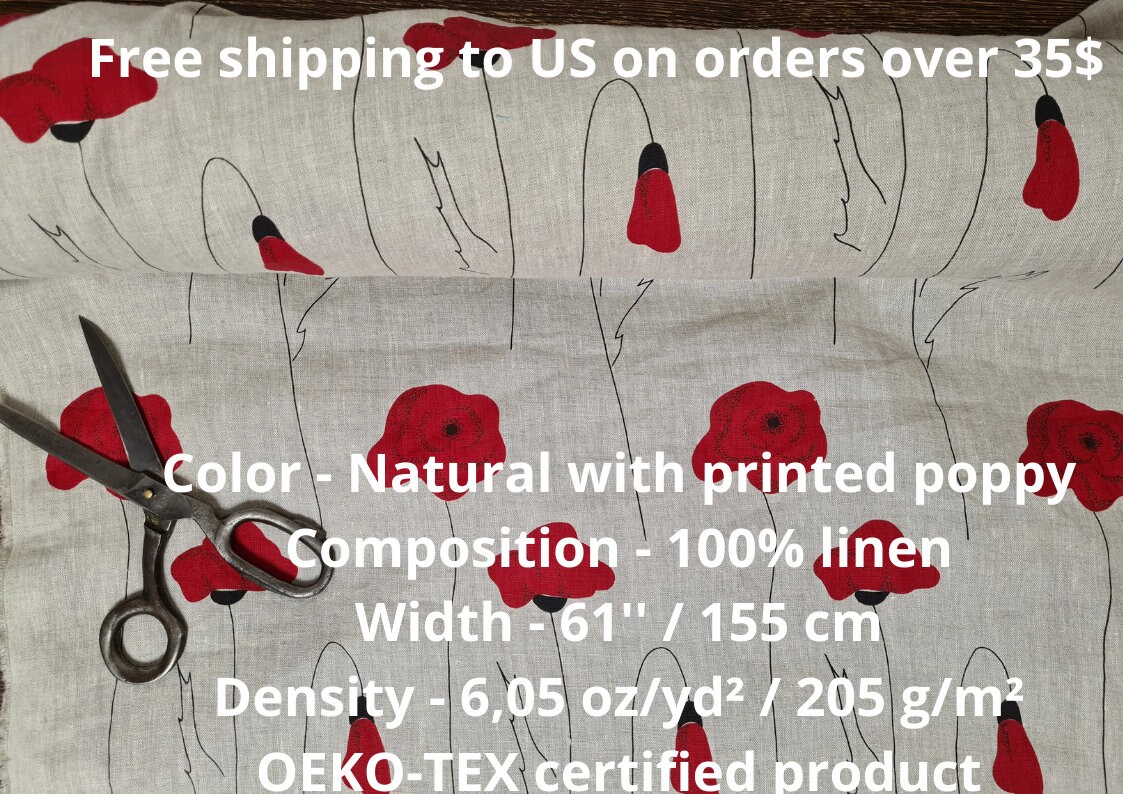 Linen fabric poppy printed, Natural floral fabric by the yard or meter ...