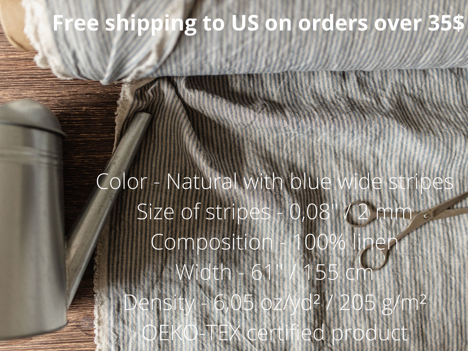 Blue Wide Striped Linen Fabric Natural Fabric by the Yard or | Etsy