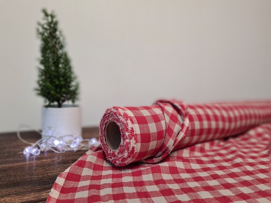 Checked Natural With Red Linen Fabric, Check Linen Fabric by the Yards ...