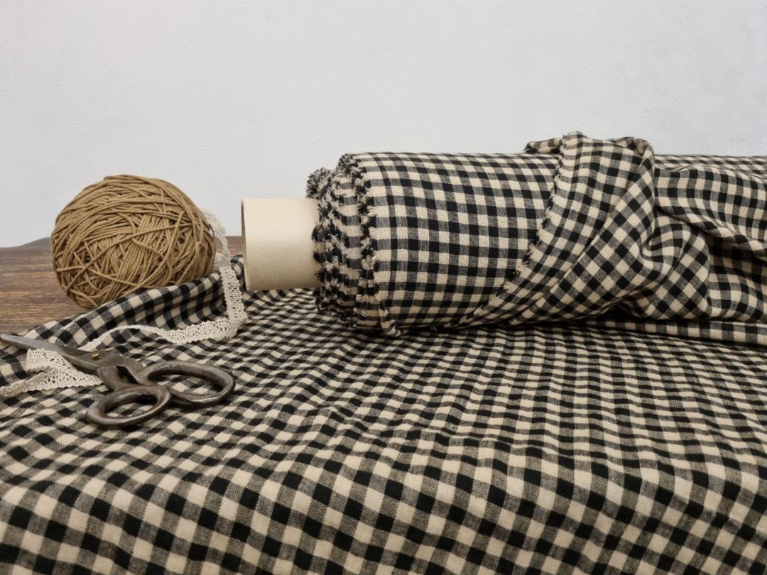 Linen Fabric Black With Sand Beige Checks, Linen Fabric by the Yard or ...