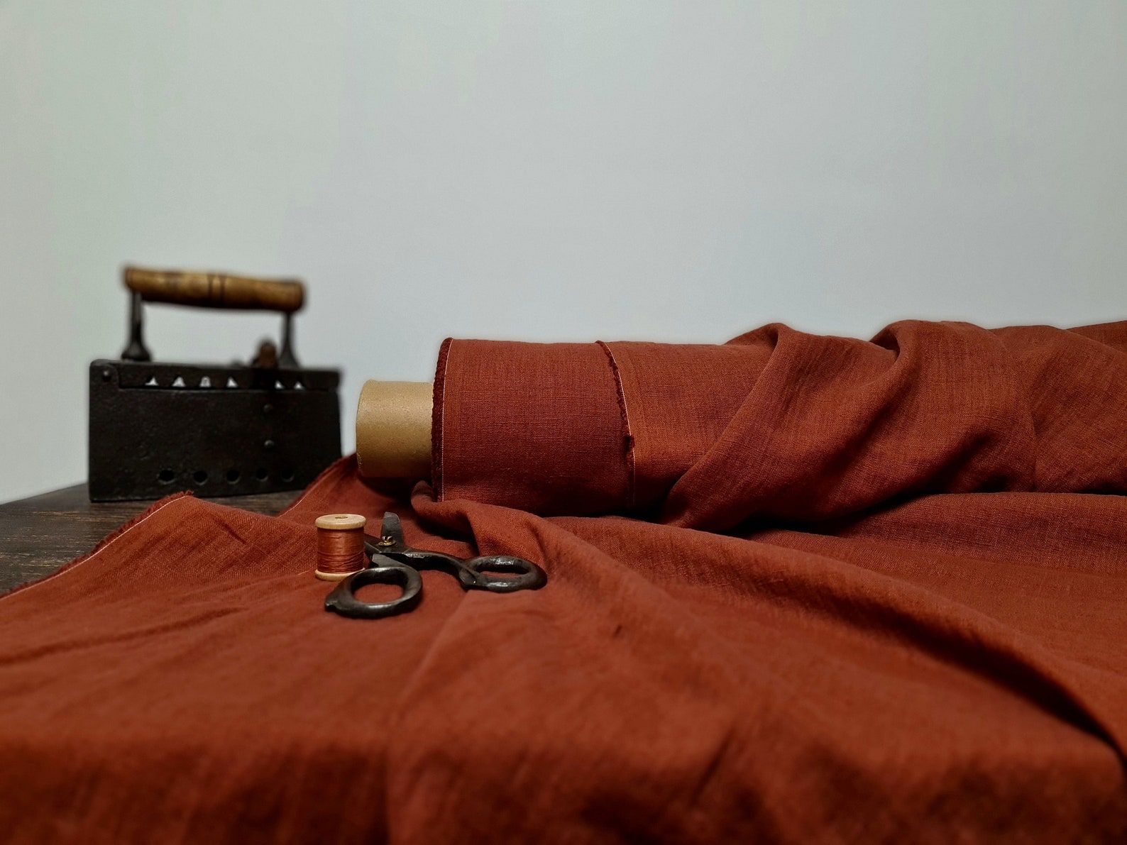 Rust Orange Linen Fabric, Brick Brown Linen Fabric by the Yard or Meter ...