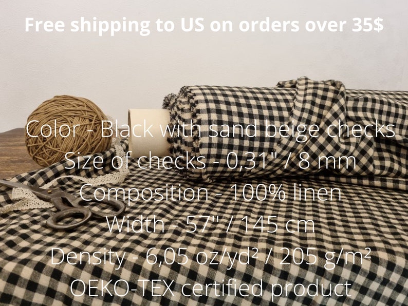 Linen Fabric Black With Sand Beige Checks Linen Fabric by the - Etsy